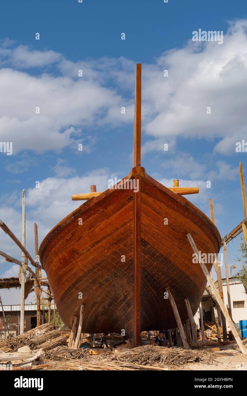 Dhow in construction in shipyard at the Ayjah harbour in Sur, Sultanate ...