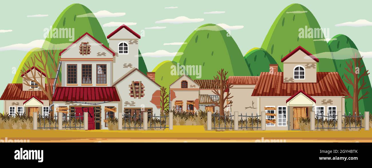 Abandon empty rutal town with old broken house background illustration ...