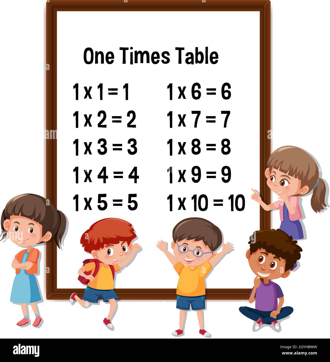 One Times Table with many kids cartoon character illustration Stock ...