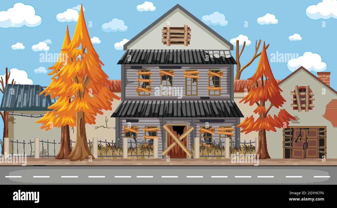 Abandon empty rutal town with old broken house background illustration ...