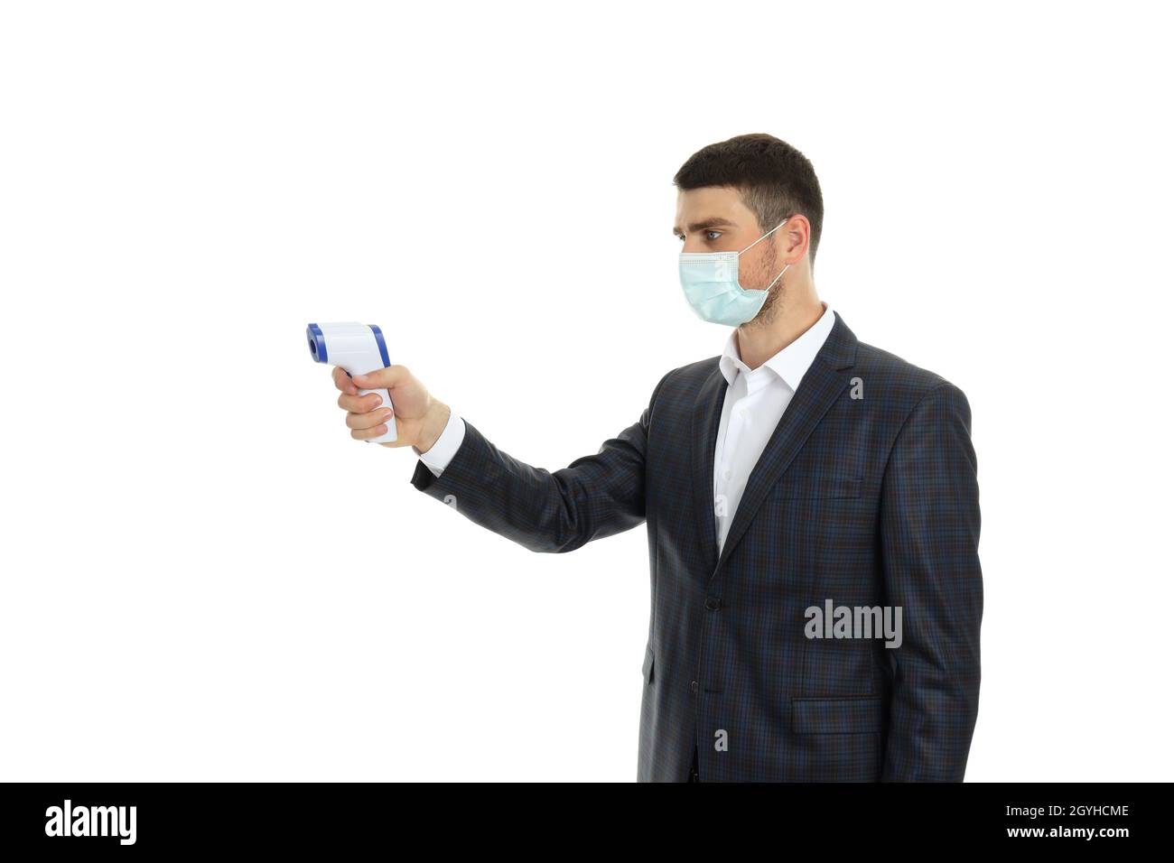 Security guard in mask with gun isolated on white background Stock ...