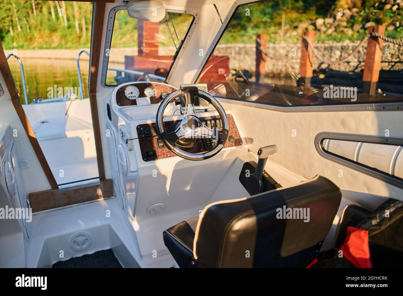 Image of the interior of a small transport motorboat Stock Photo - Alamy