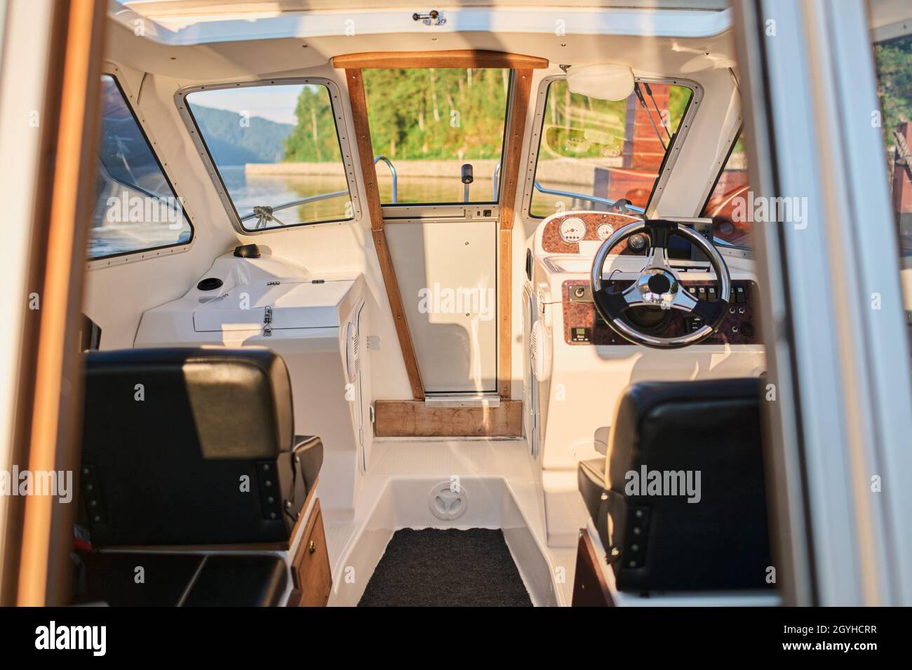 Image of the interior of a small transport motorboat Stock Photo - Alamy