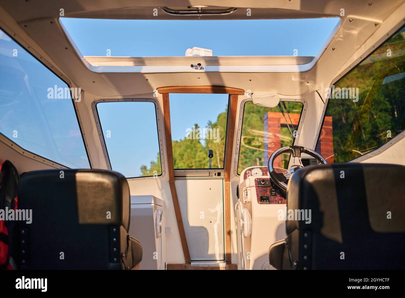 Image of the interior of a small transport motorboat Stock Photo - Alamy