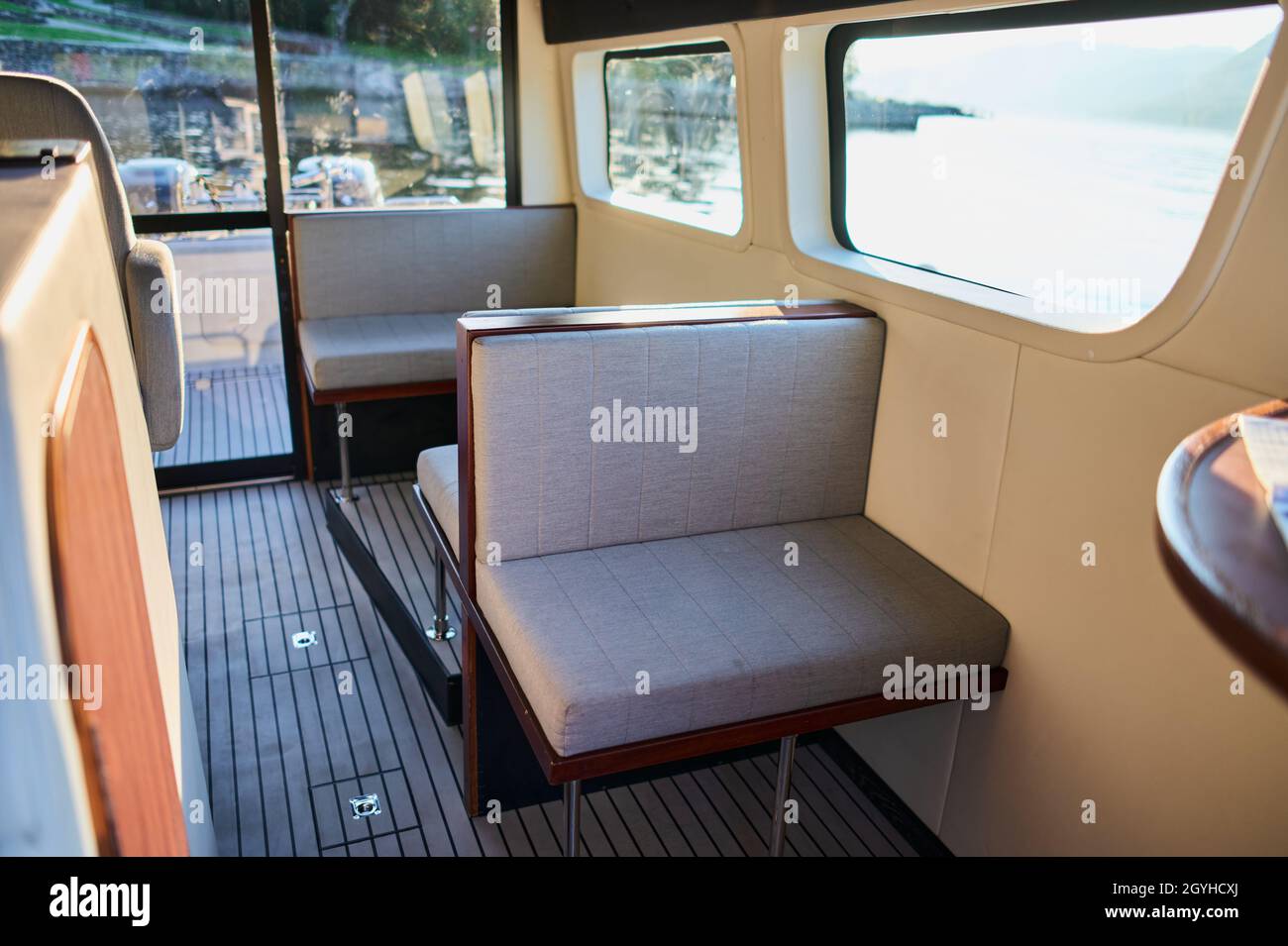Image of the interior of a small transport motorboat Stock Photo - Alamy