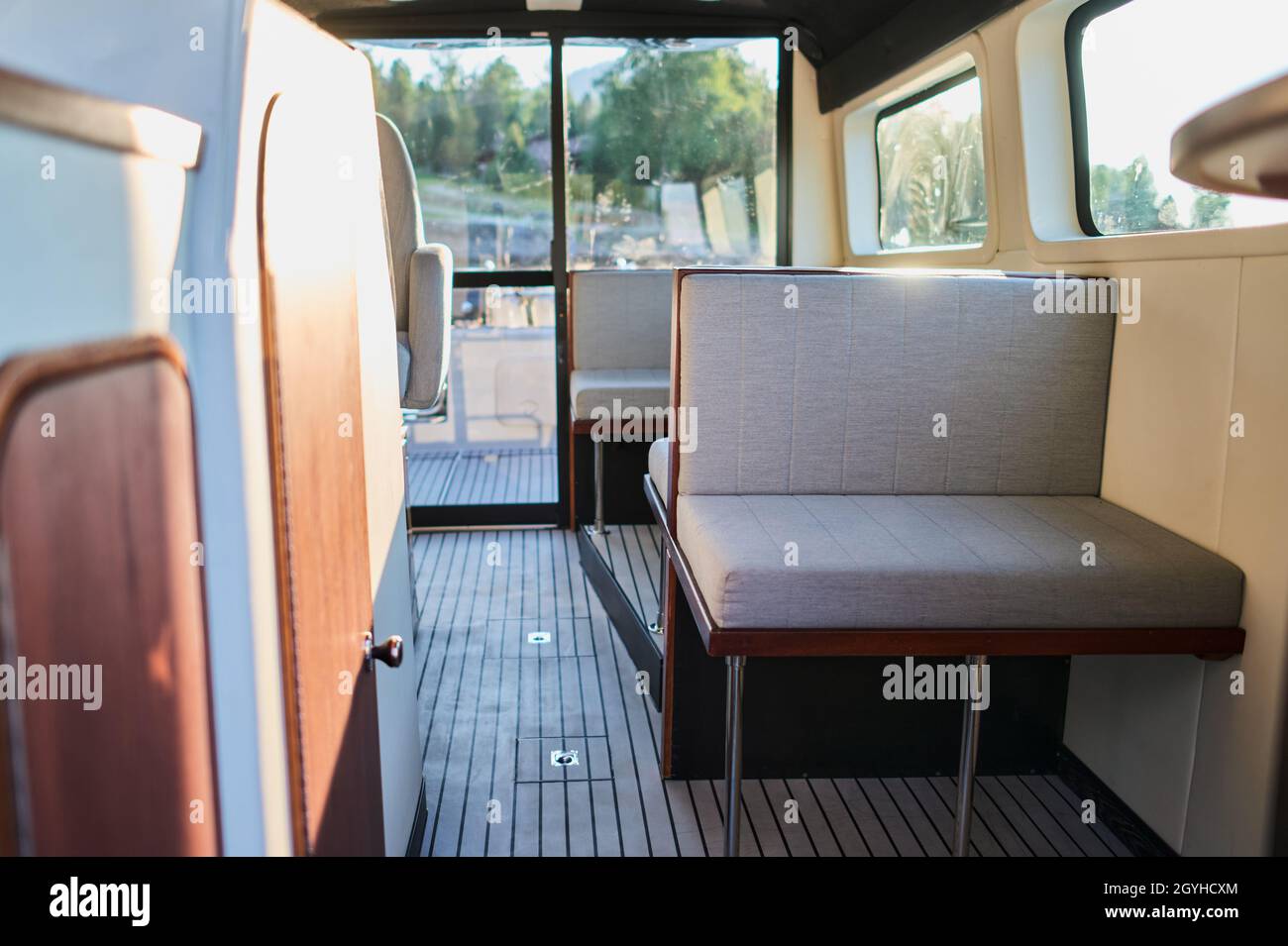 Image of the interior of a small transport motorboat Stock Photo - Alamy