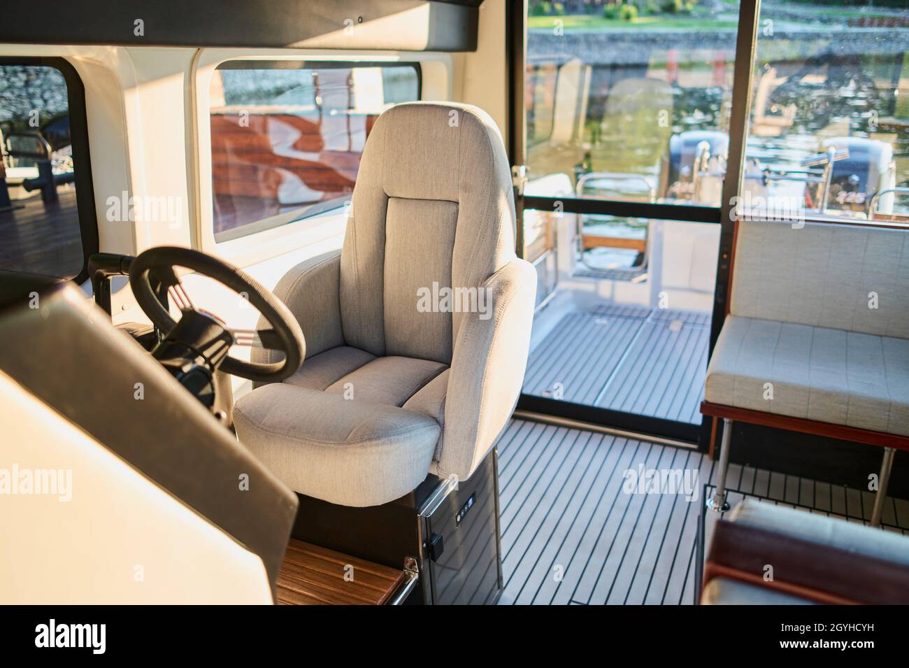 Image of the interior of a small transport motorboat Stock Photo - Alamy