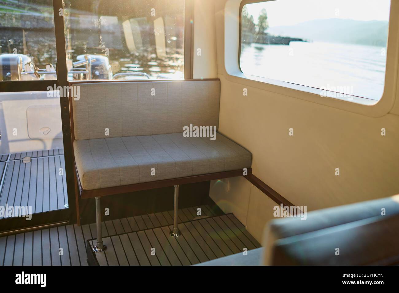 Image of the interior of a small transport motorboat Stock Photo - Alamy