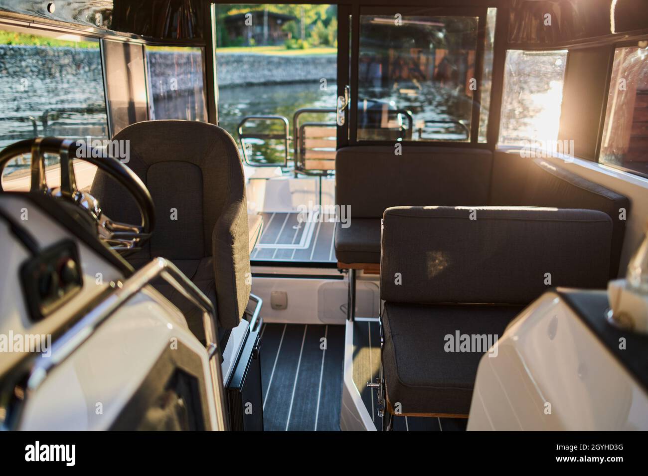 Image of the interior of a small transport motorboat Stock Photo - Alamy