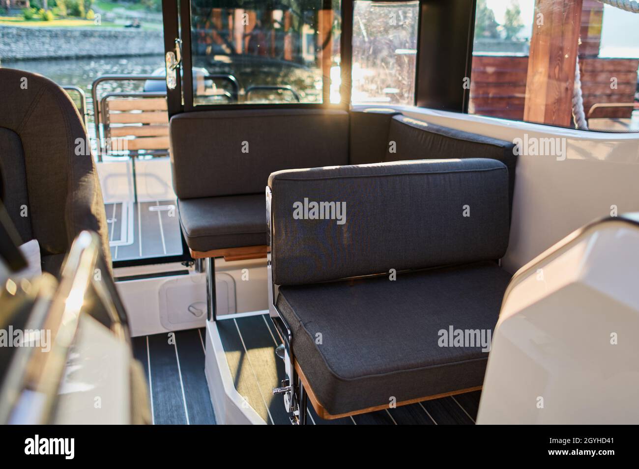 Image of the interior of a small transport motorboat Stock Photo - Alamy