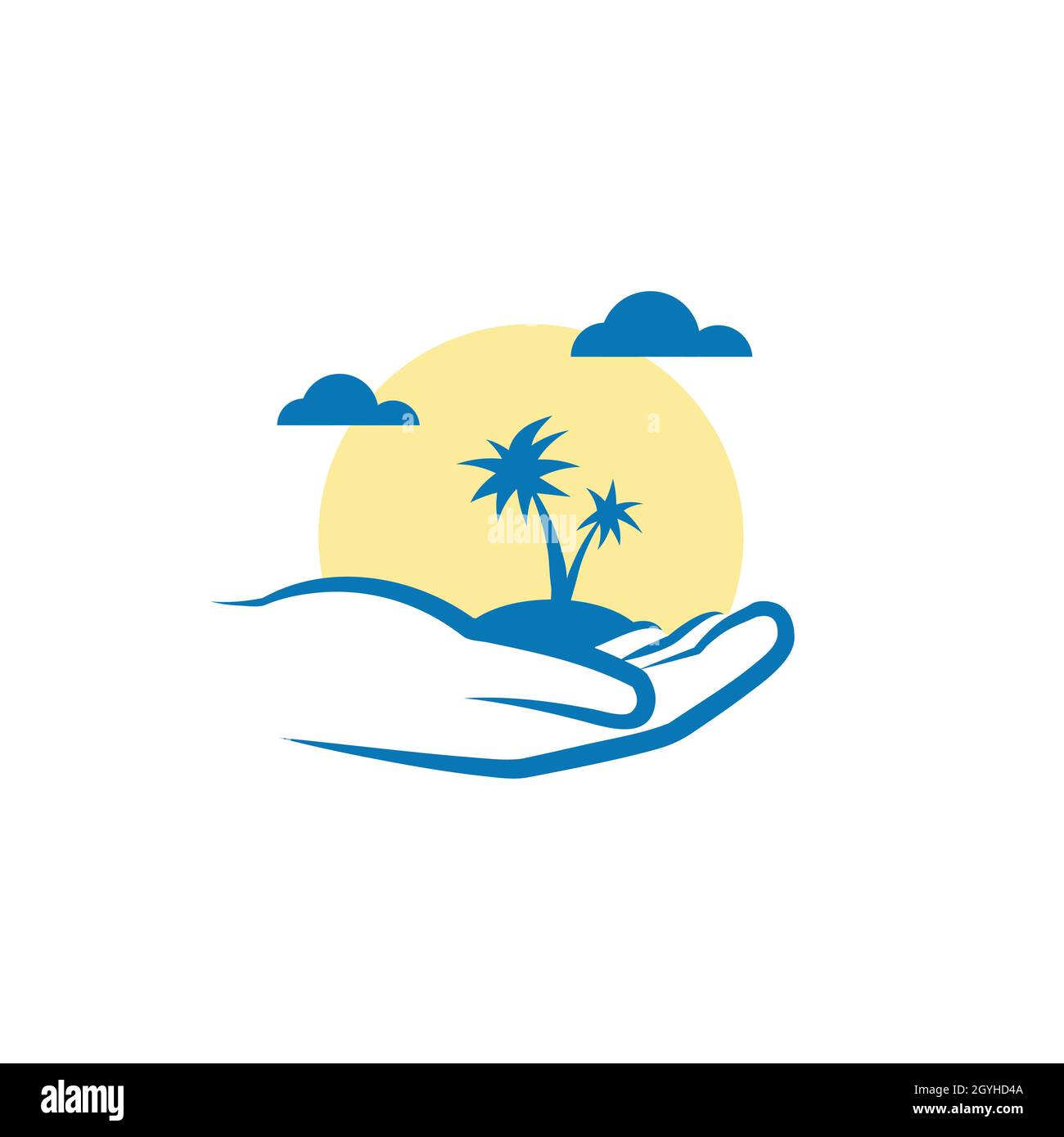 Sunrise tropical trees hand symbol travel summer illustration Stock ...