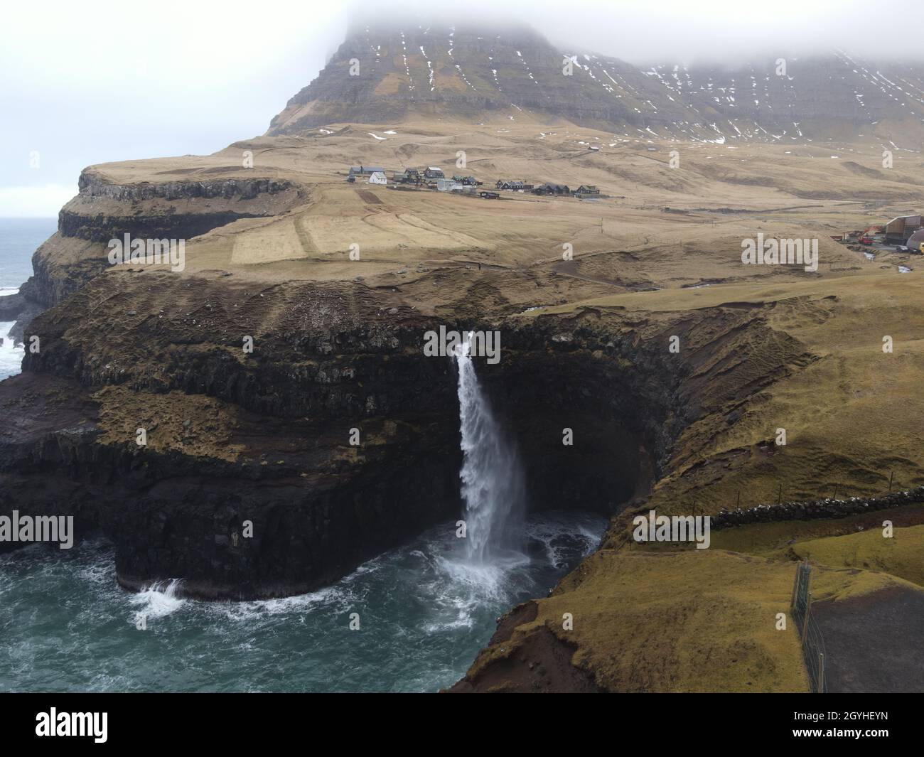 Beautiful Mulafossur waterfall in the Faroe Islands on a gloomy day ...
