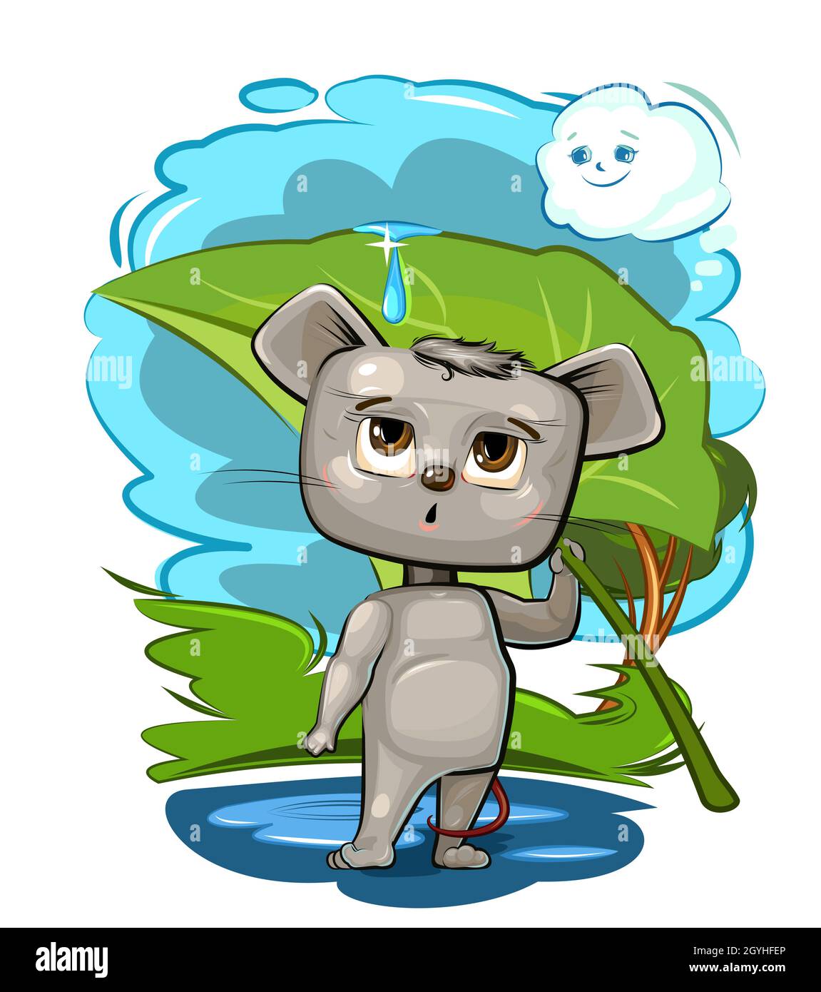 Funny cute Mouse with a leaf instead of an umbrella. Hiding from the ...