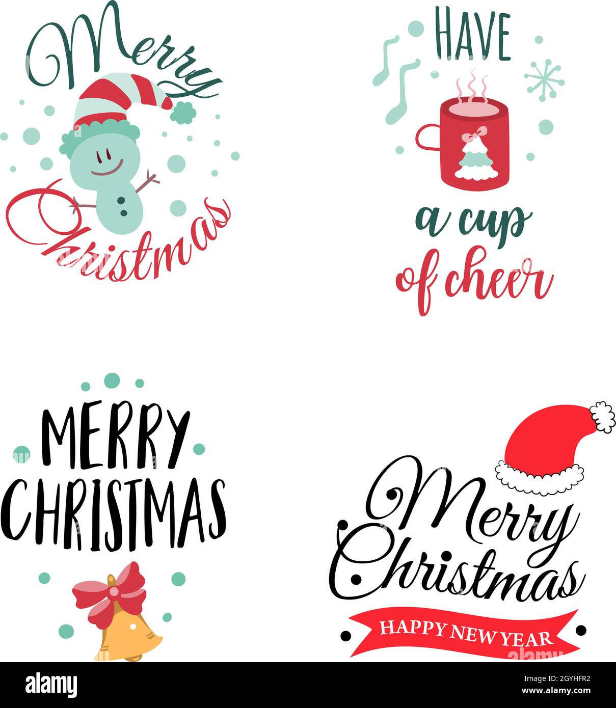 Set of four Christmas logotype or insignia. Cute cartoon Christmas tree ...