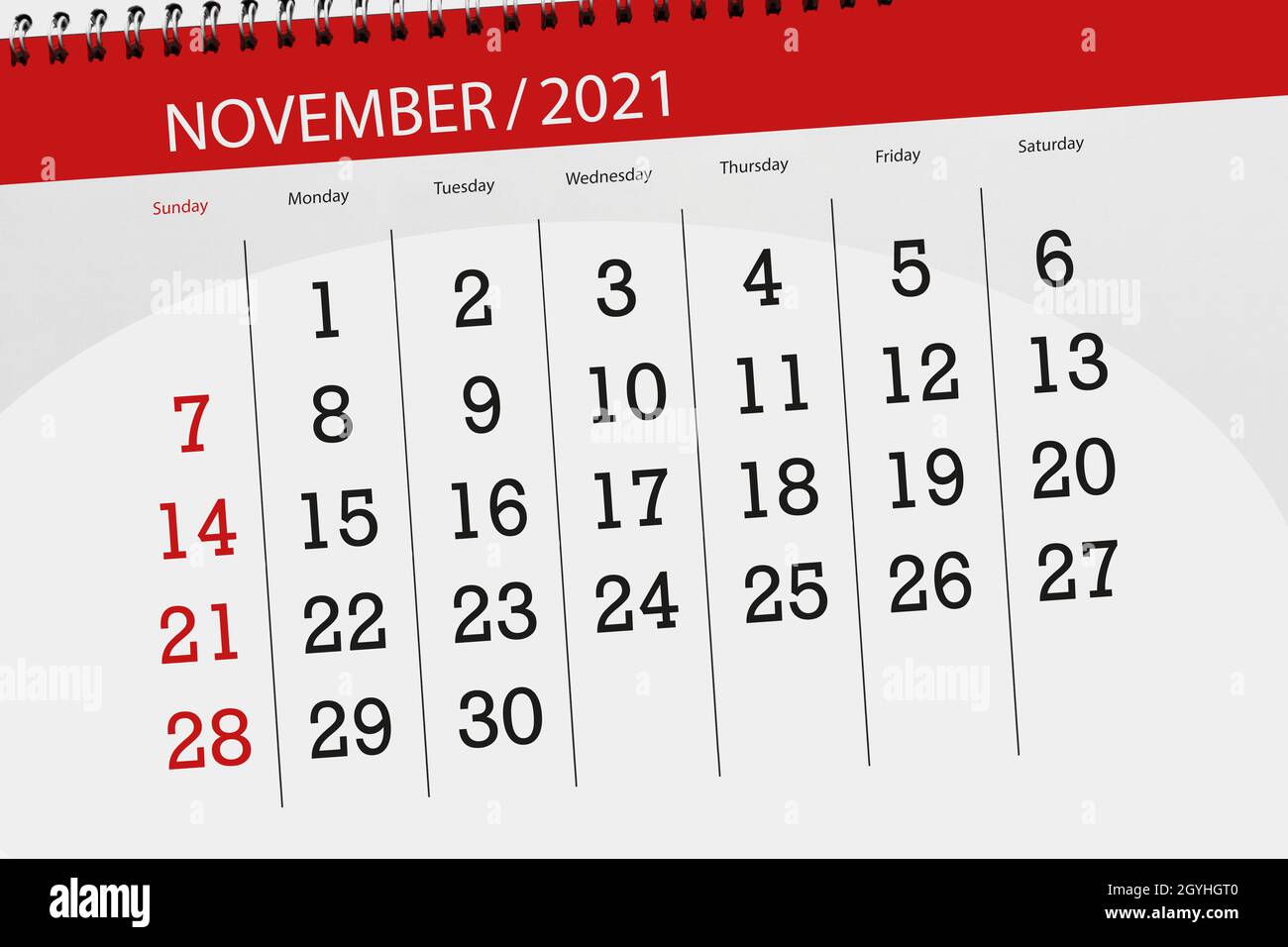 Calendar planner for the month november 2021, deadline day Stock Photo ...