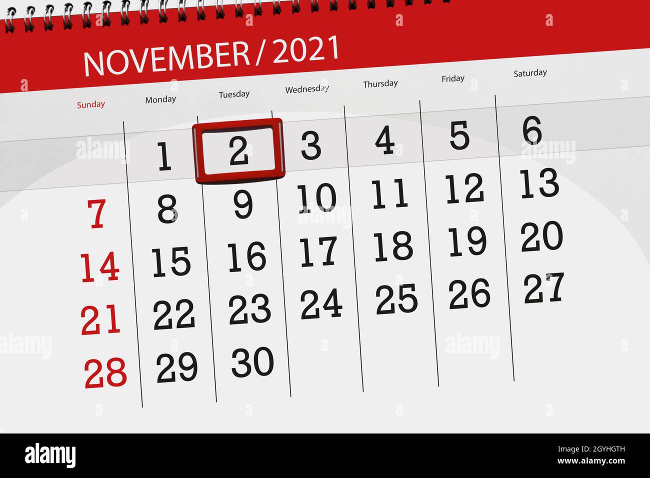 Calendar planner for the month november 2021, deadline day, 2, tuesday ...