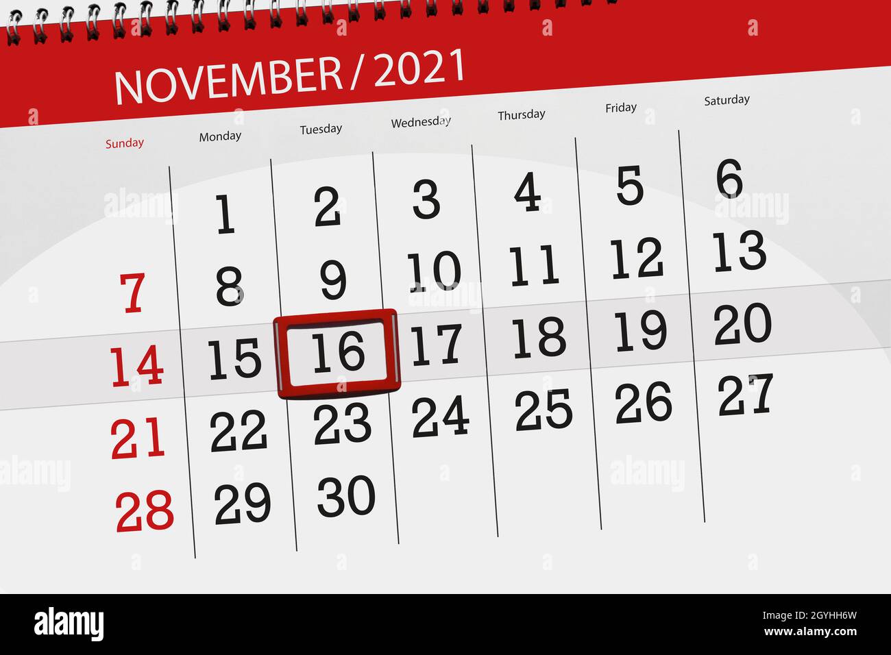 Calendar planner for the month november 2021, deadline day, 16, tuesday ...