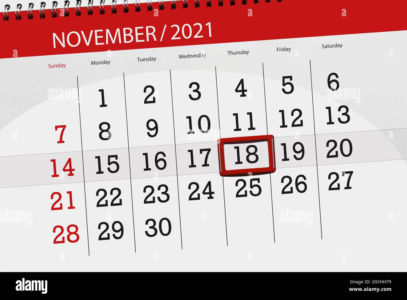 Calendar planner for the month november 2021, deadline day, 18 ...