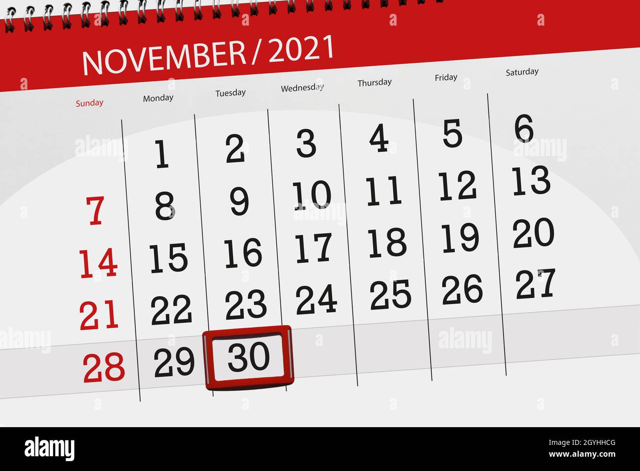 Calendar planner for the month november 2021, deadline day, 30, tuesday ...