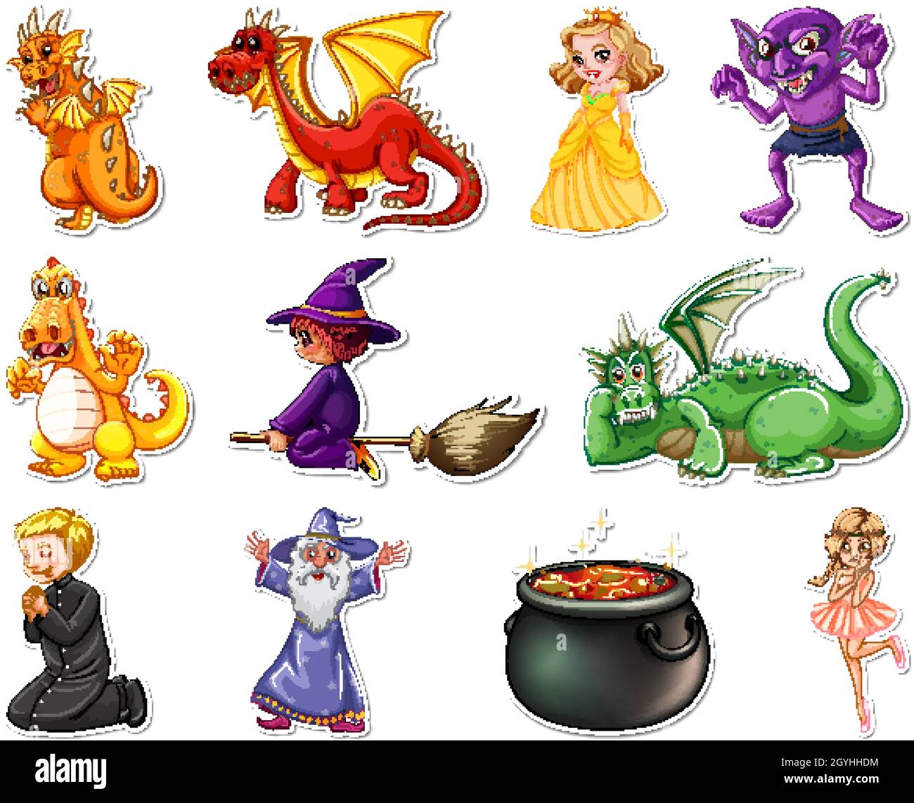 Sticker set with different fairytale cartoon characters illustration ...