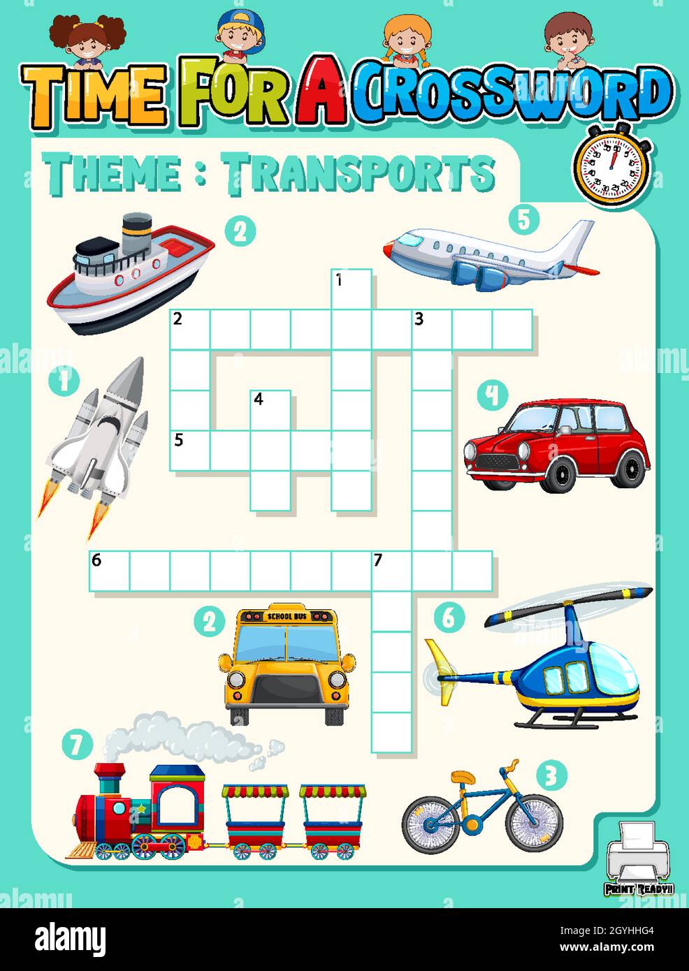 Crossword puzzle game template about transportation illustration Stock ...