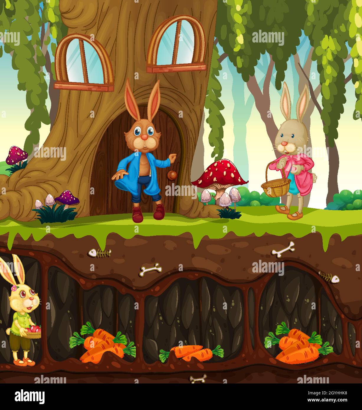 Underground rabbit hole with ground surface of the garden scene ...