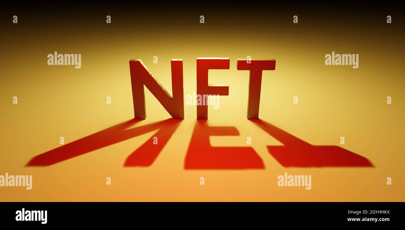 NFT (non-fungible token) word and letters in red and orange colour ...