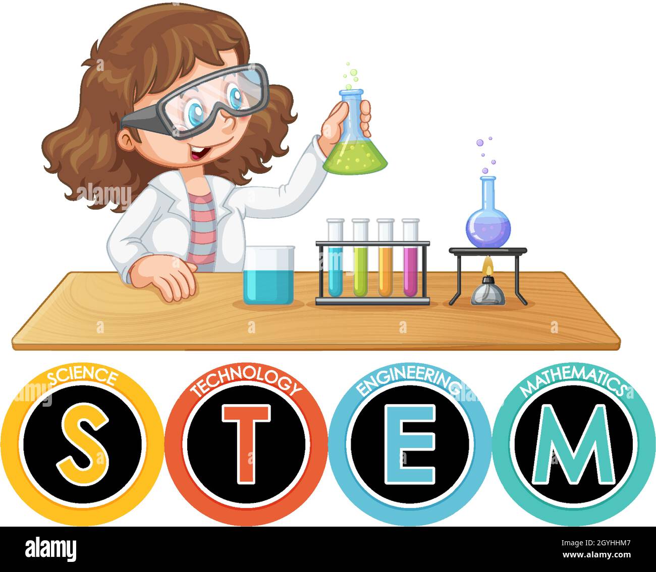 STEM education logo with scientist kid cartoon character illustration ...