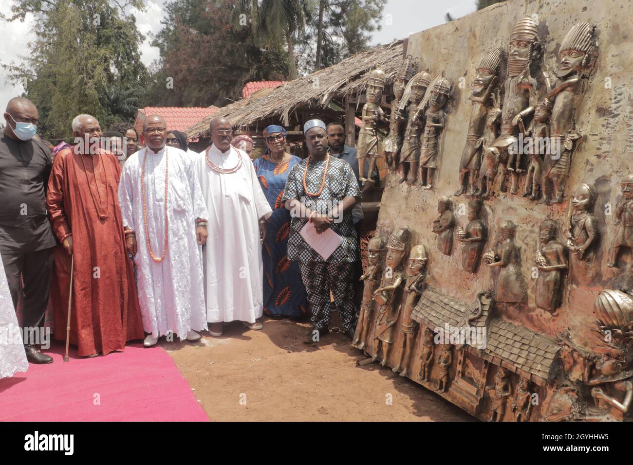 Traditional heads in Benin Kingdom view artworks during an exhibition ...