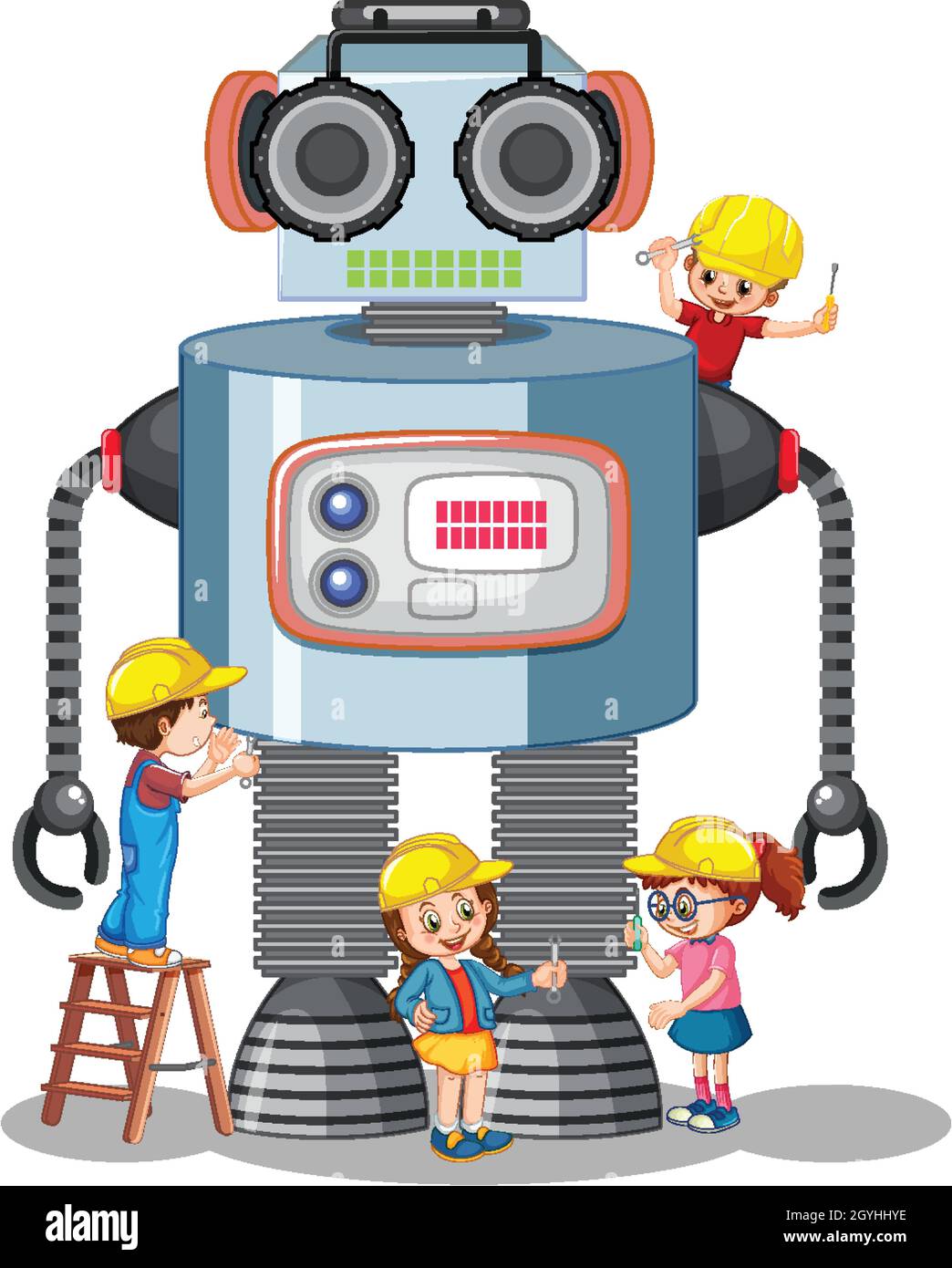 Children building robot together on white background illustration Stock ...