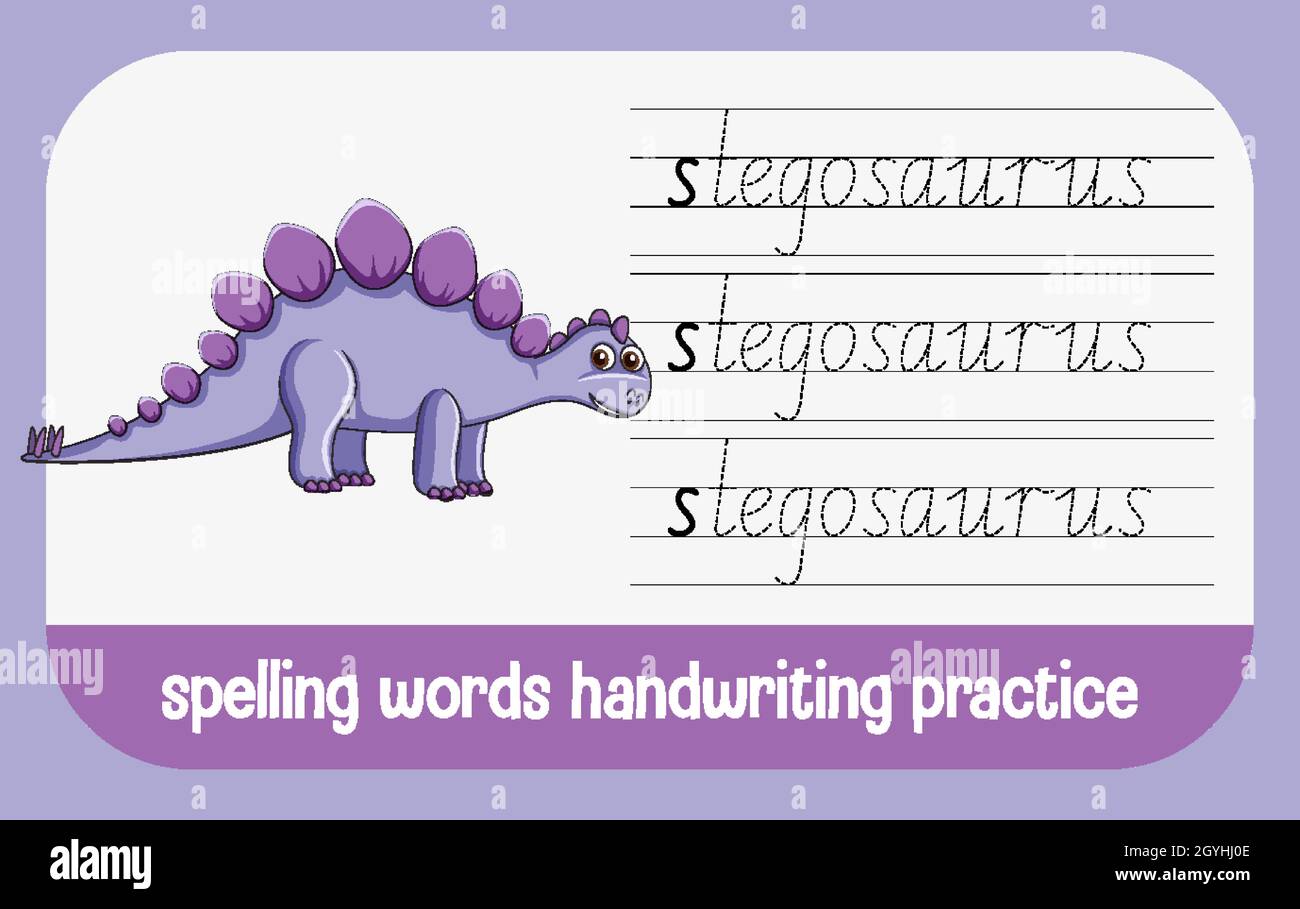 Spelling words dinosaur handwriting practice worksheet illustration ...