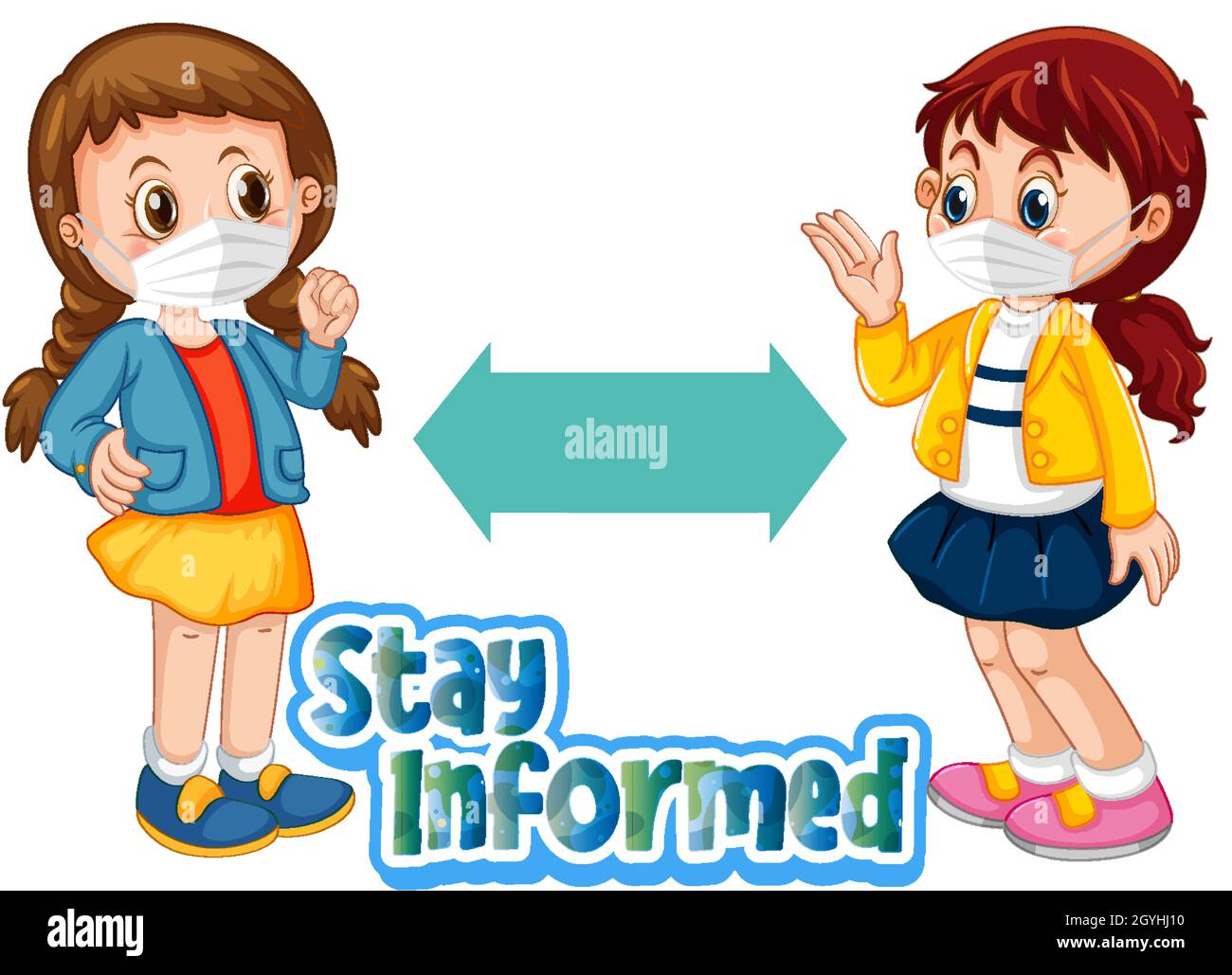 Stay Informed font in cartoon style with two girls keeping social ...