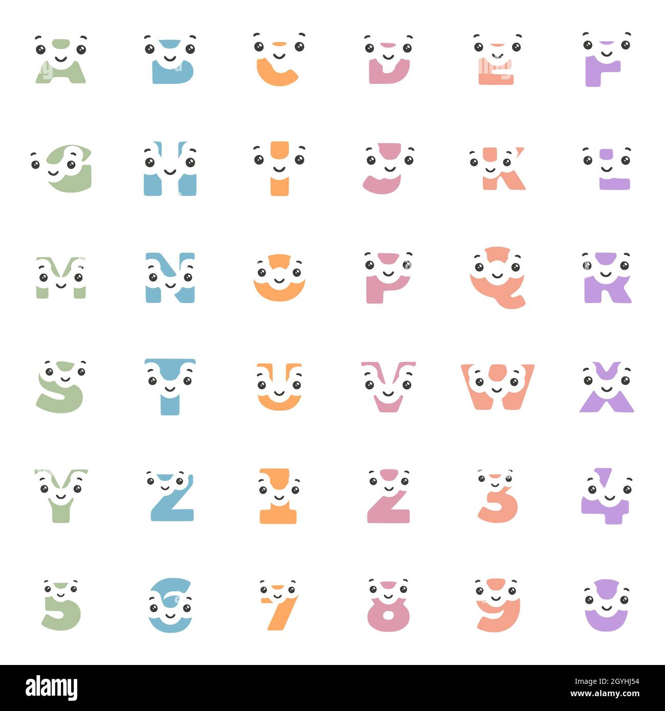 Set of funny kawaii characters in the shape of letters and numbers ...