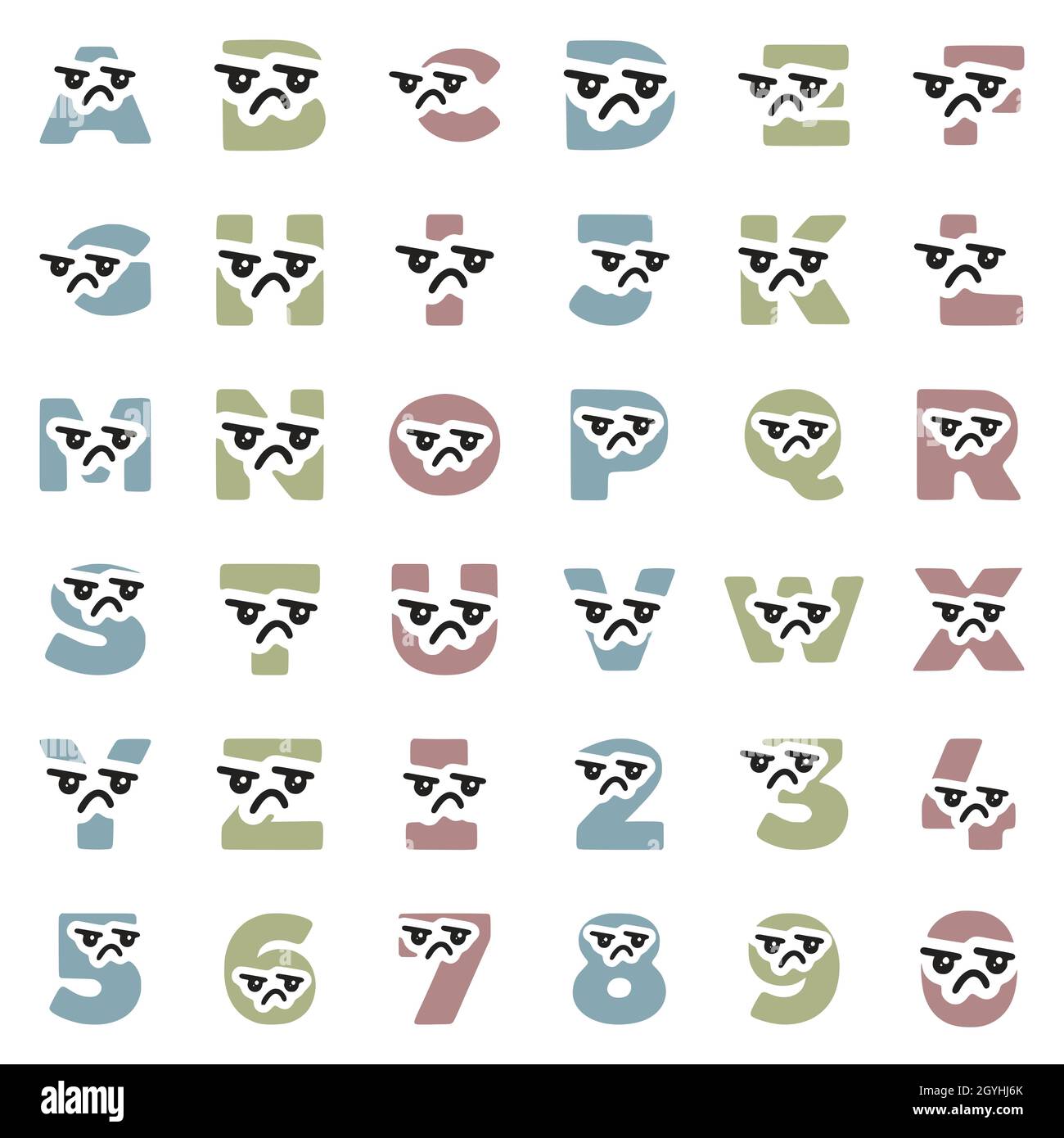 Set of cute kawaii letters and numbers characters with sad face, vector ...