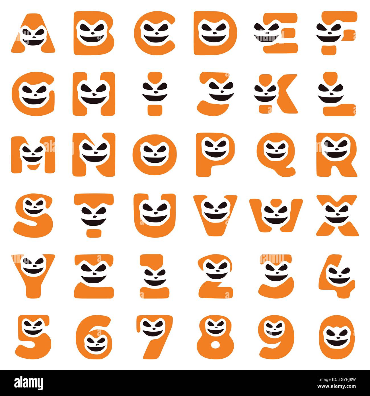 A set of Halloween characters in the form of letters and numbers with a ...