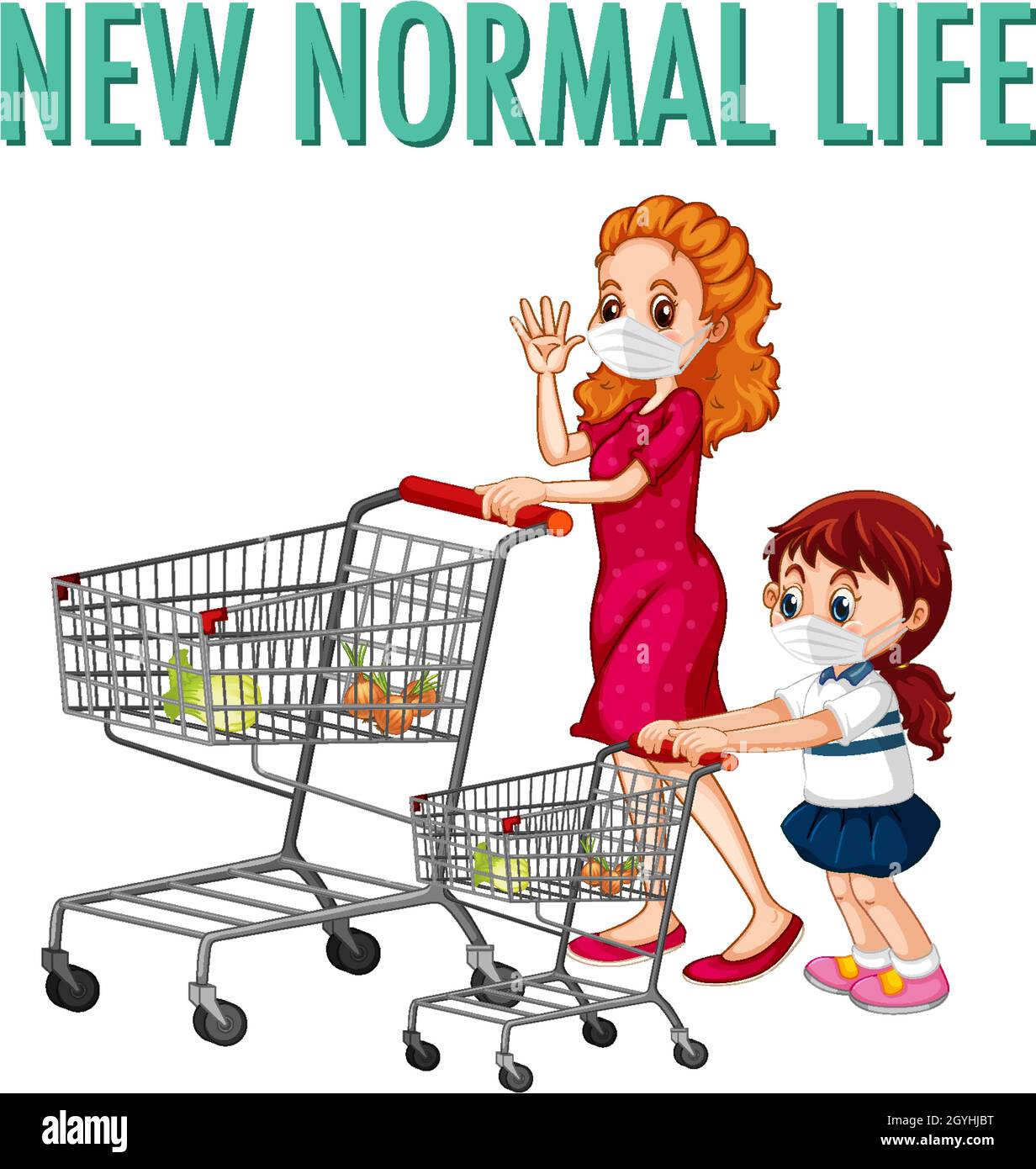 New Normal Life with a woman and a girl push shopping cart illustration ...