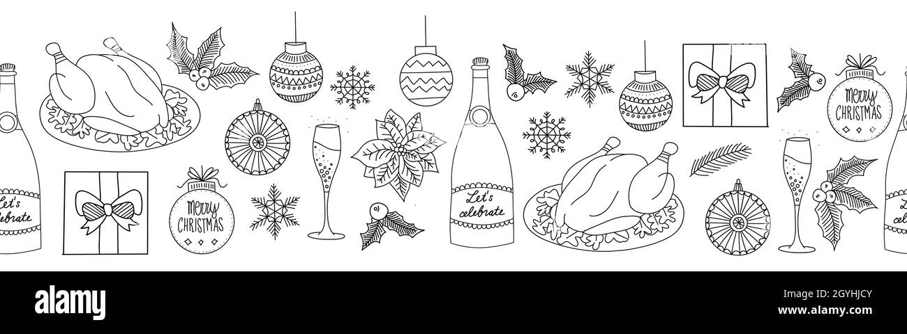 Christmas seamless border Hand drawn line art holiday party icons ...