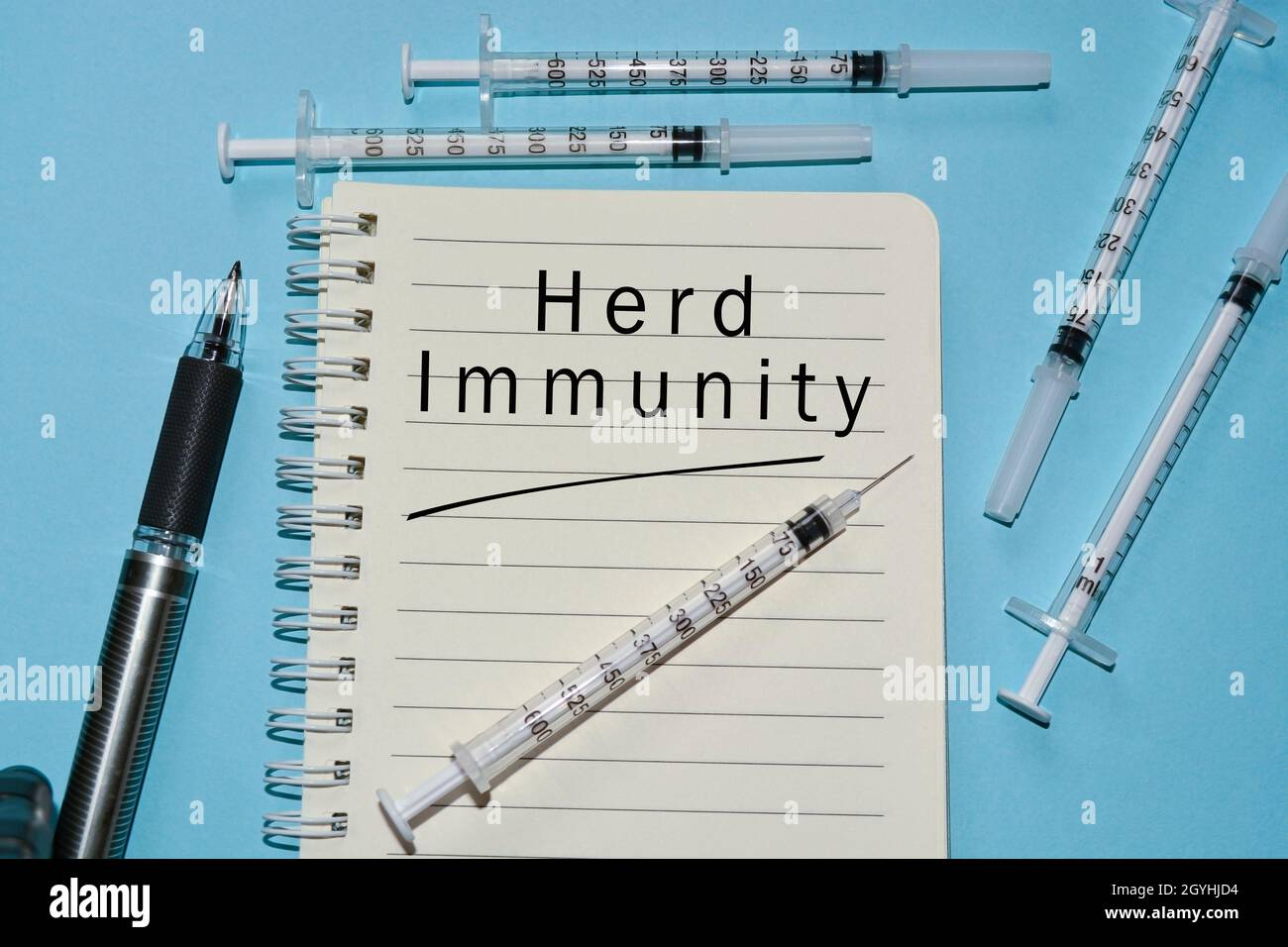 Herd Immunity text on white notepad with disposable injection syringes ...