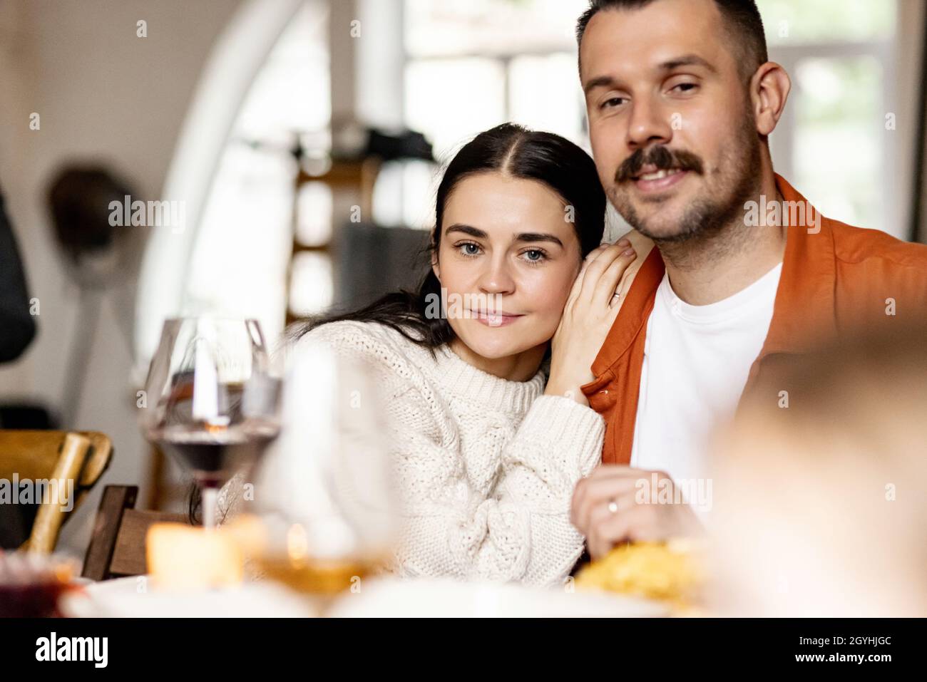 Close-up happy family, married couple celebrate Thanksgiving day ...
