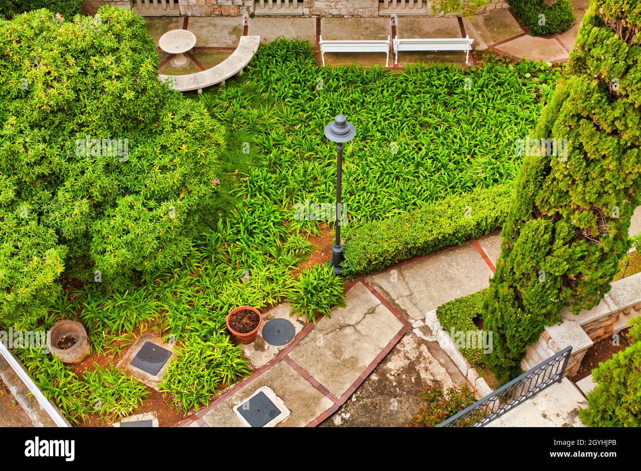 High angle shot of the pathway along greenery in the park in Dubrovnik ...