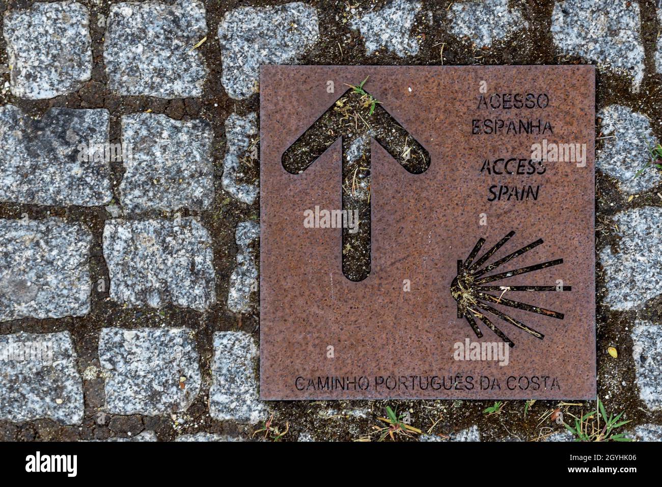 Top view of a sign for the Portuguese coastal path to Santiago de ...