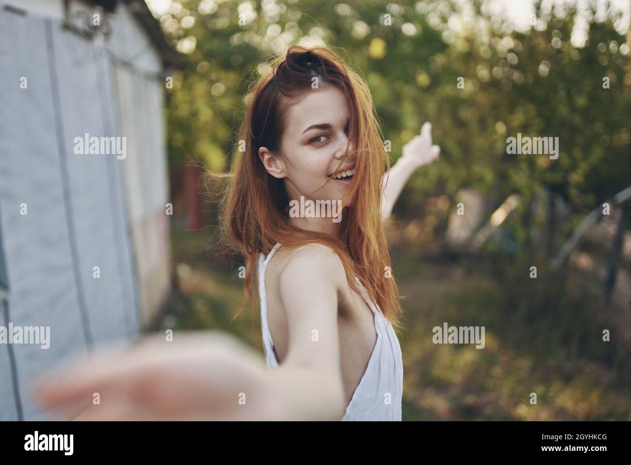 pretty woman summer countryside village Stock Photo - Alamy