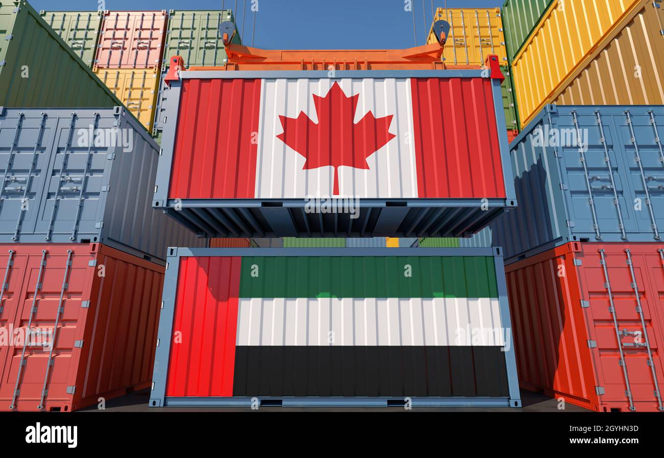 Freight containers with United Arab Emirates and Canada national flags ...