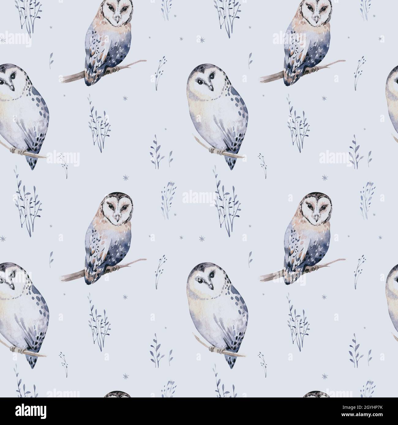 Watercolor winter patterns deer with fawn, owl rabbits, bear birds on ...