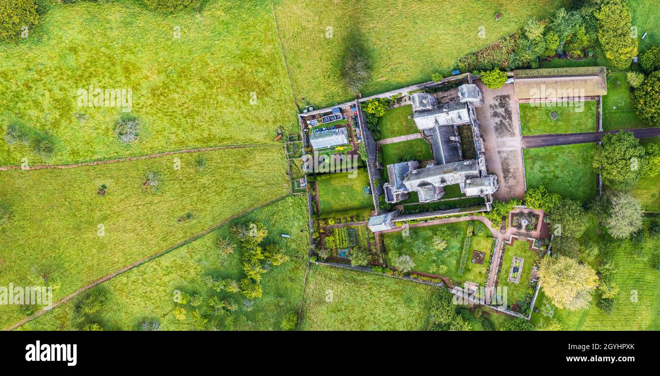 Top Down panorama of Compton Castle from a drone, Devon, England ...
