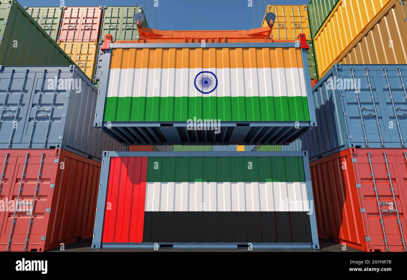 Freight containers with United Arab Emirates and India national flags ...