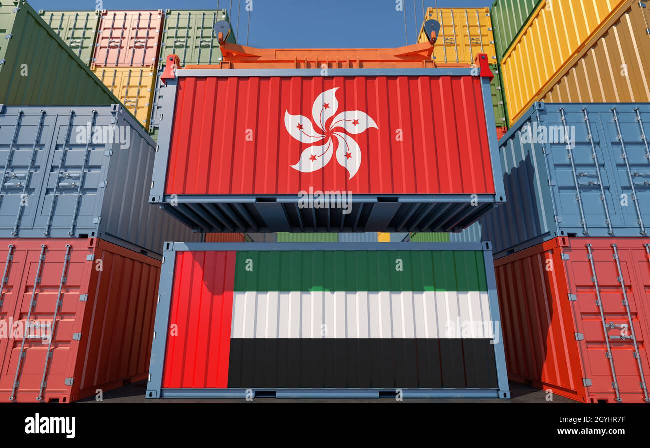 Freight containers with United Arab Emirates and Hong Kong national ...