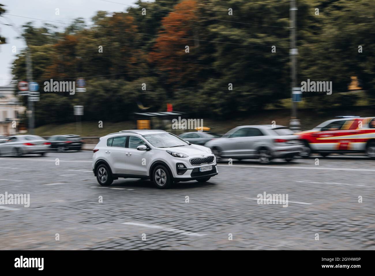 Ukraine, Kyiv - 2 June 2021: Silver KIA Sportage car moving on the ...