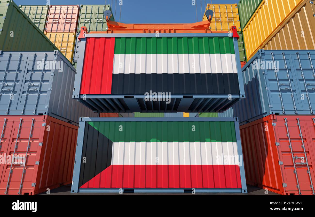 Freight containers with United Arab Emirates and Kuwait national flags ...