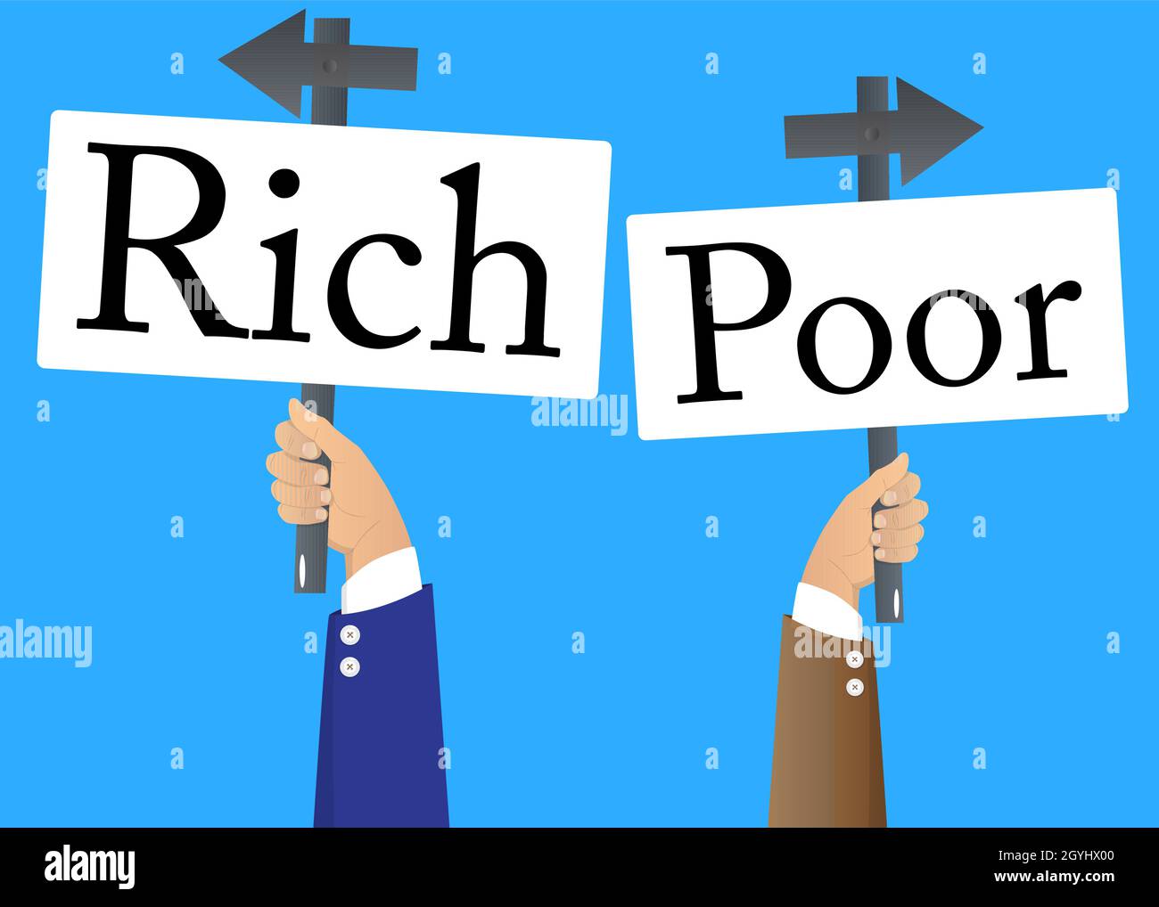 Hands holding up banners with Poor or Rich words with arrows. Man ...